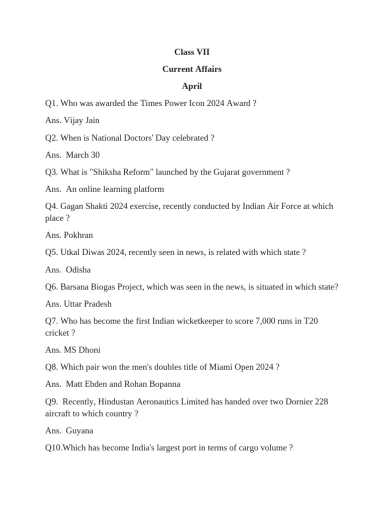 GK April Current Affairs Class7 | PDF | Travel