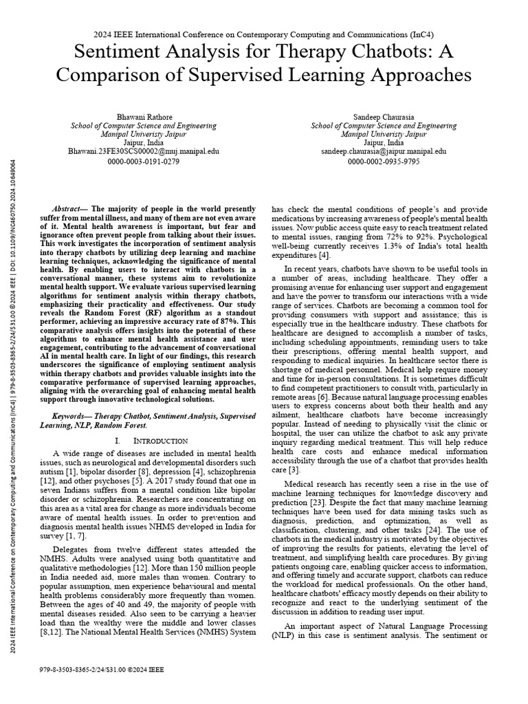 Sentiment Analysis For Therapy Chatbots A Comparison of Supervised Learning Approaches | PDF ...