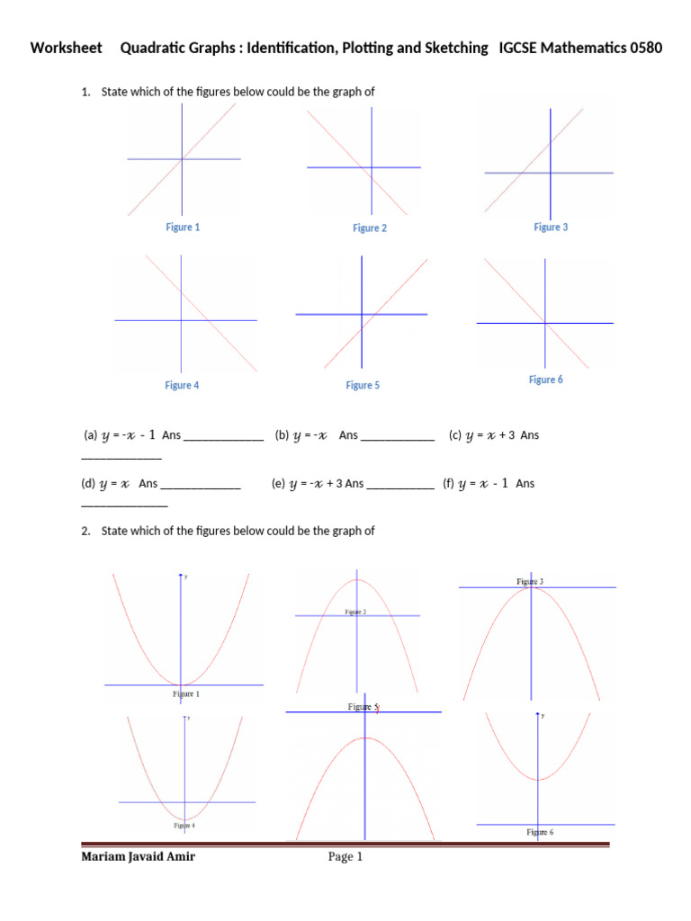 Worksheet Quadratic Graphs: Identification, Plotting and Sketching ...