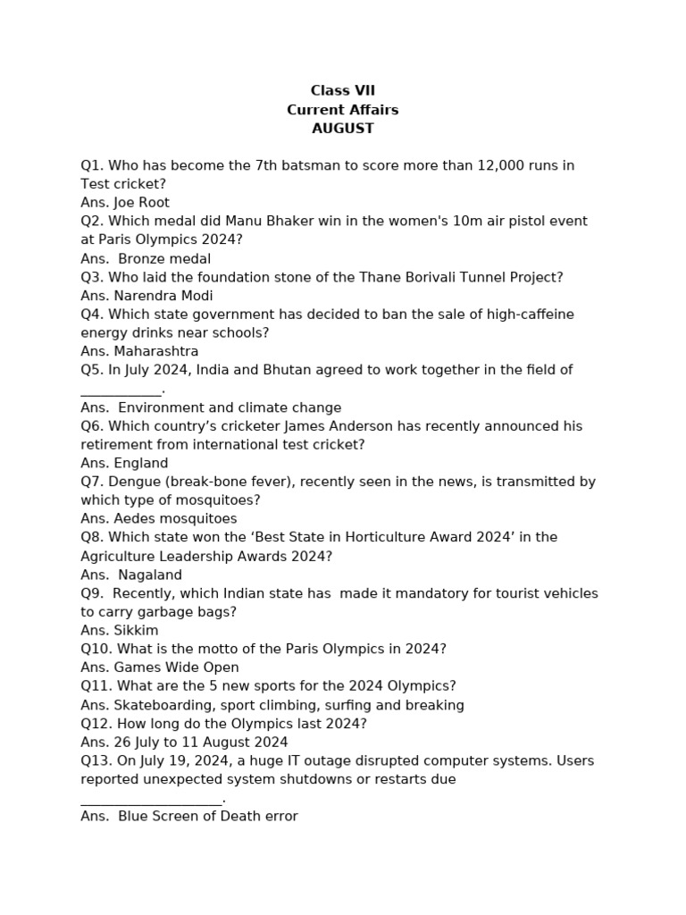 Class7 August Current Aff | PDF | Sports & Recreation | Travel