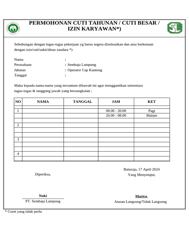 Form Cuti TKAD-1 | PDF