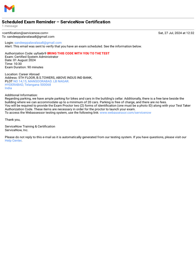 Gmail - Scheduled Exam Reminder - ServiceNow Certification | PDF