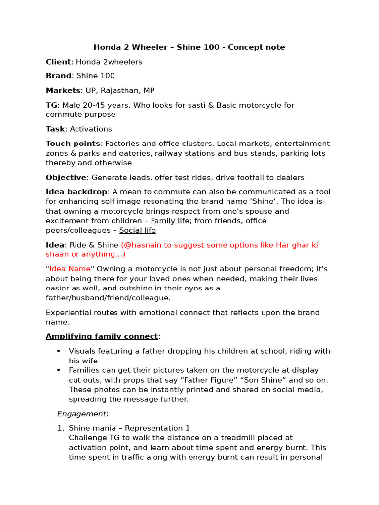 Honda 2 Wheeler - Shine 100 - Concept Note-V2 | PDF