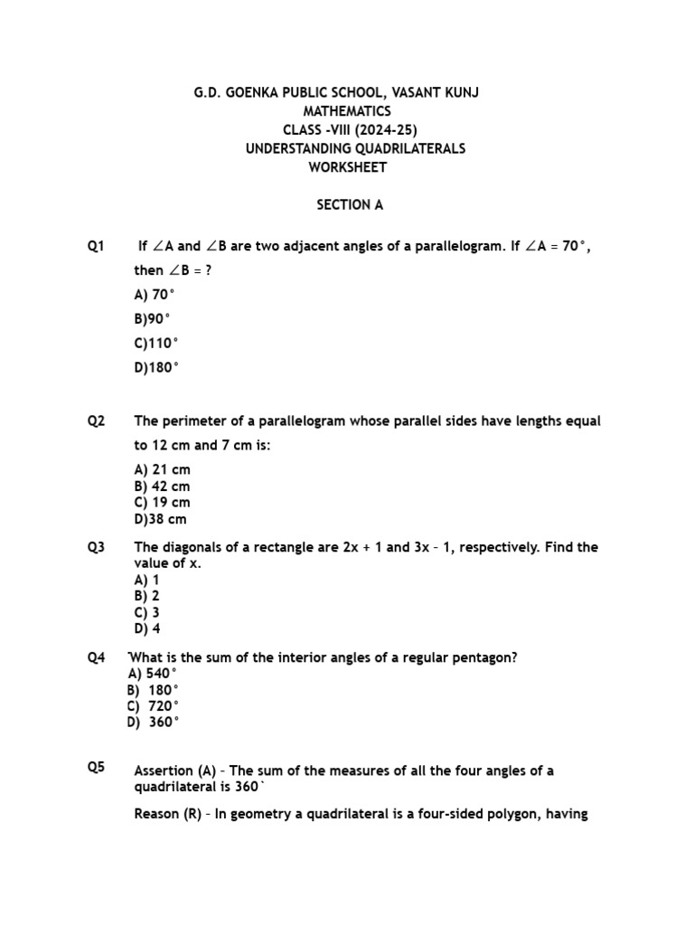 WS Class 8 CHAPTER 3 UNDERSTANDING QUADRILATERALS | PDF