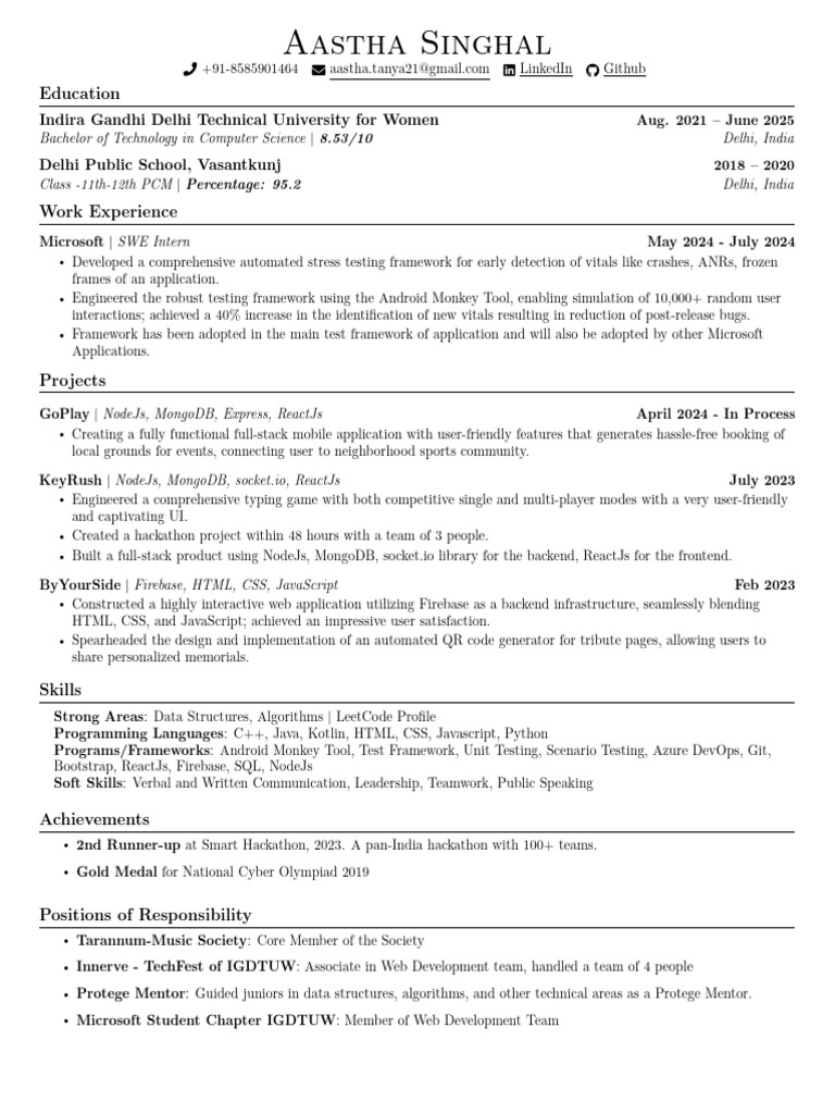 Aastha Singhal Resume(CSE) | PDF