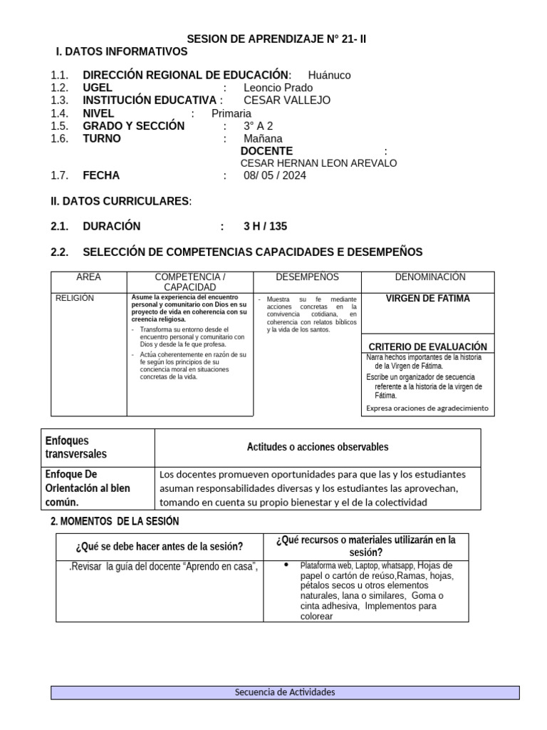 SESION DE APRENDIZAJE N 05 - II RELIGION 24 DE ABRIL DE 2024 | PDF