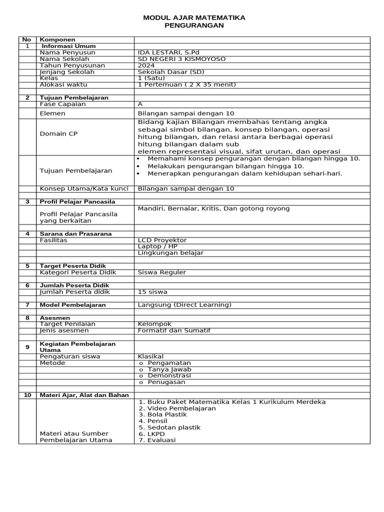 Modul Ajar Matematika Pengurangan Bilangan Sampai Dengan 10 - Ida ...
