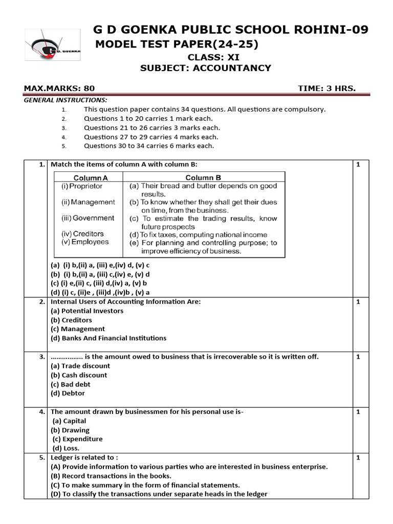 G D Goenka Public School Rohini-09: Model Test Paper (24-25) | PDF ...