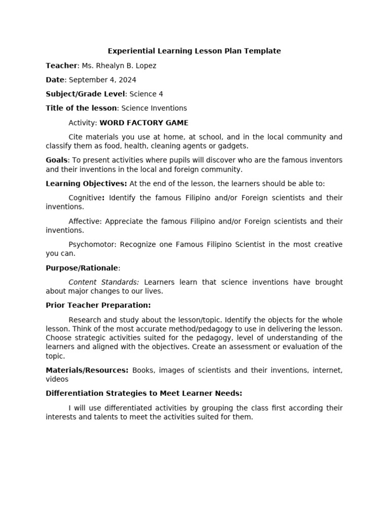 Experiential Learning Lesson Plan Template | PDF
