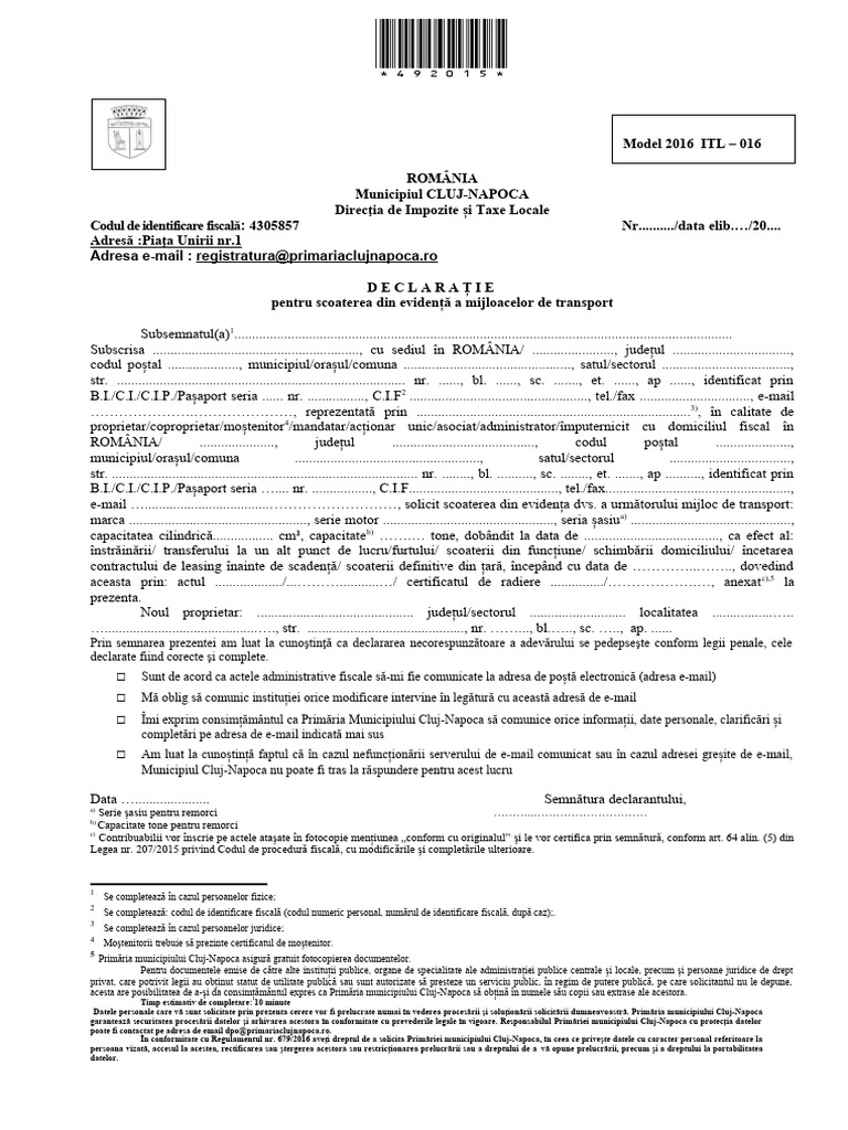 ITL 016 Declaratie de Scoatere Din Evidenta Auto | PDF