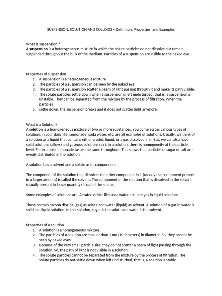 Suspension, Solution and Colloids | PDF