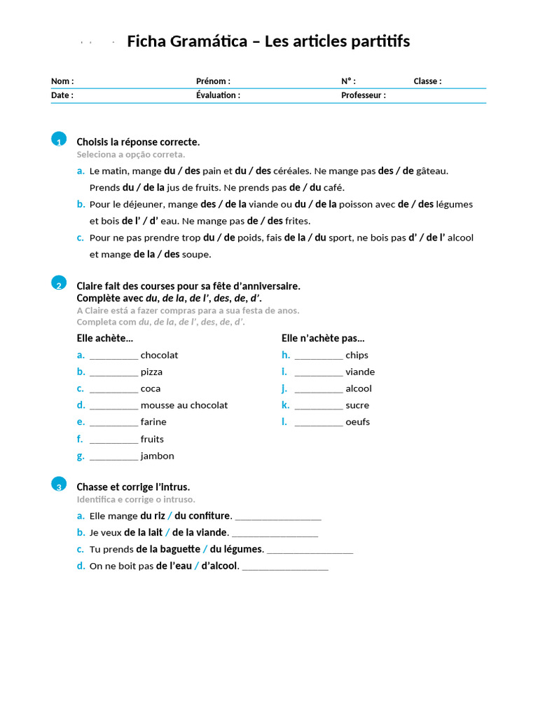 Ficha Gramática Francês 7 - Les Articles Partitifs | PDF