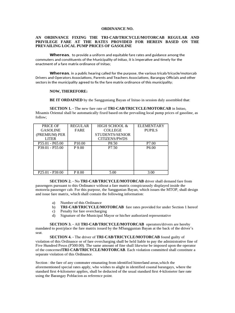 Fare Matrix Ordinance No | PDF