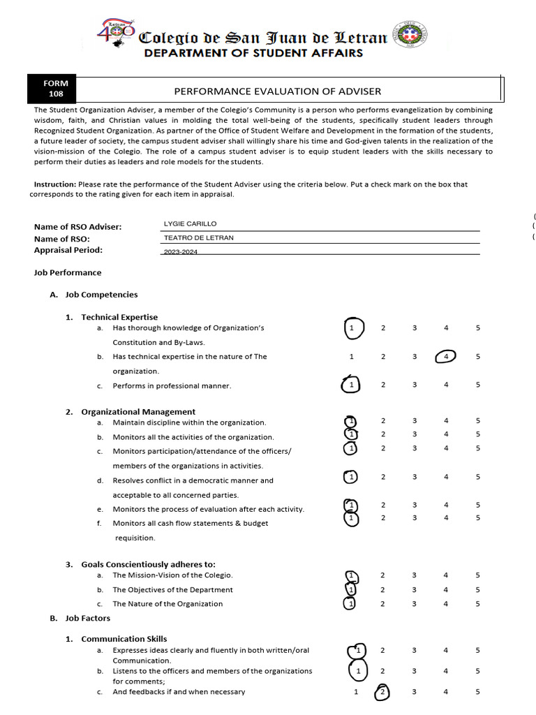 Form 108 Performance Evaluation of Adviser 1 | PDF