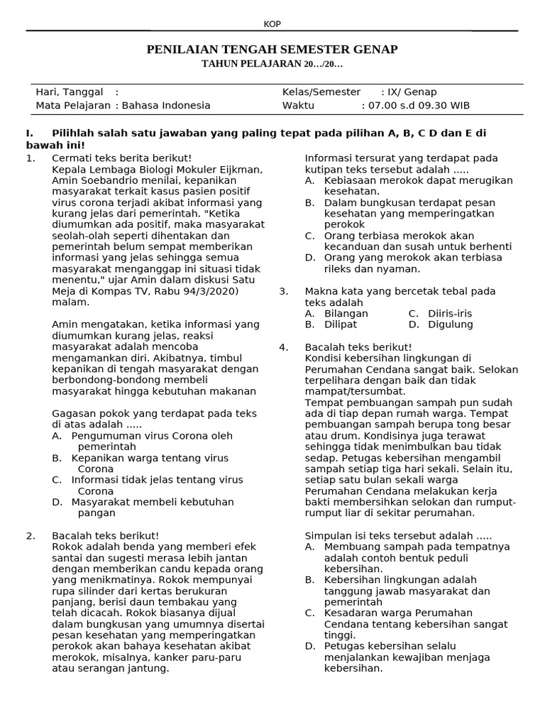 PTS II Bhs Indonesia Kelas IX | PDF