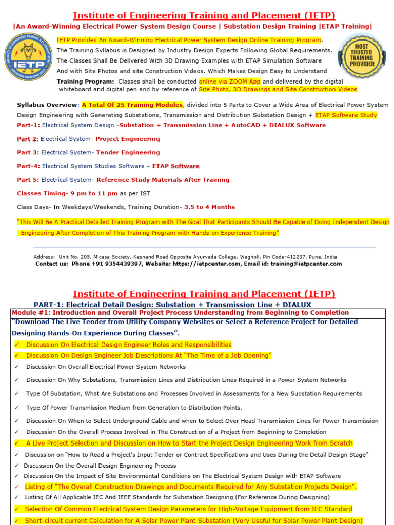 Electrical Power System Design Engineering Training Syllabus (2023 ...