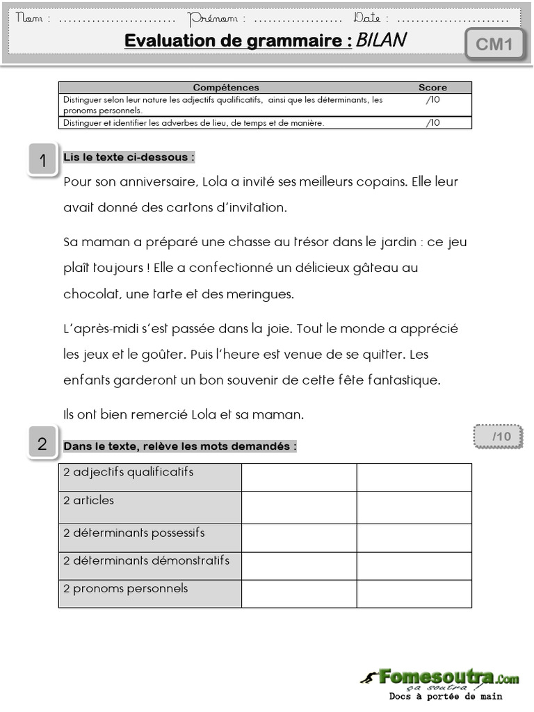 Evaluation de Grammaire 3 Niveau cm1 | PDF