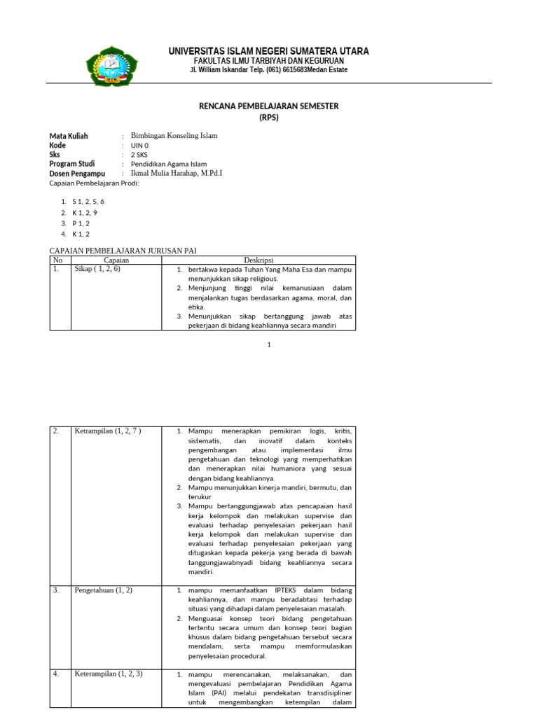 RPS BIMBINGAN KONSELING ISLAM-Ikmal Mulia Harahap. M.Pd.I | PDF