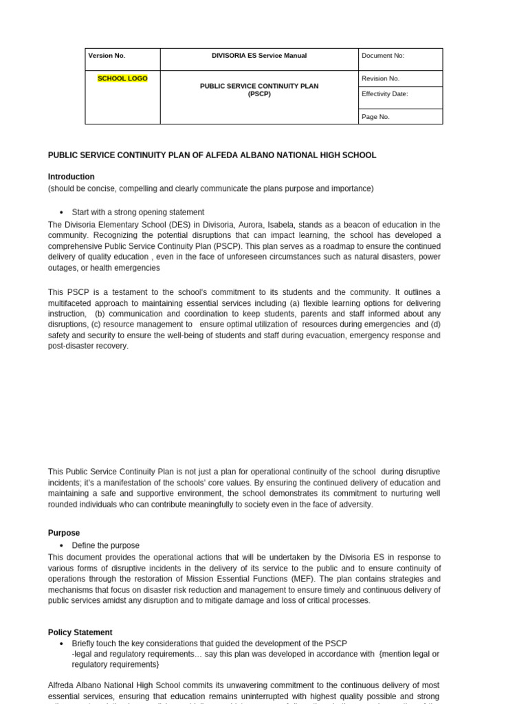 PUBLIC-SERVICE-CONTINUITY-PLAN-OF-ALFREDA-ALBANO-NATIONAL-HIGH-SCHOOL | PDF