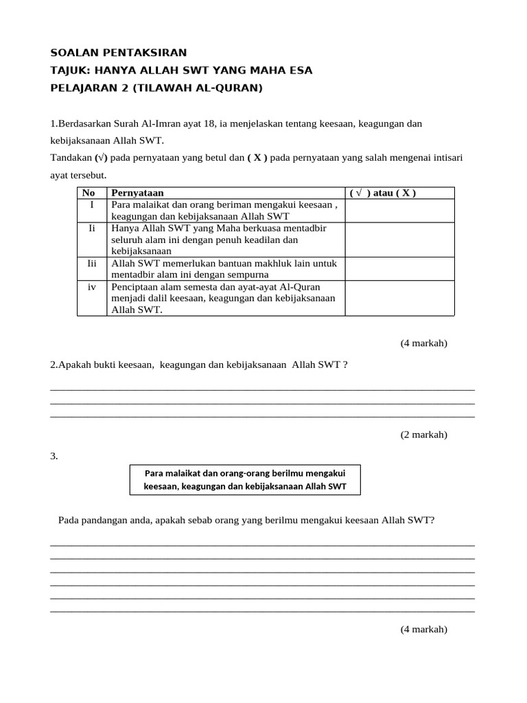 Soalan Pentaksiran Bab 2 All SWT Yg Maha Esa TG2 | PDF