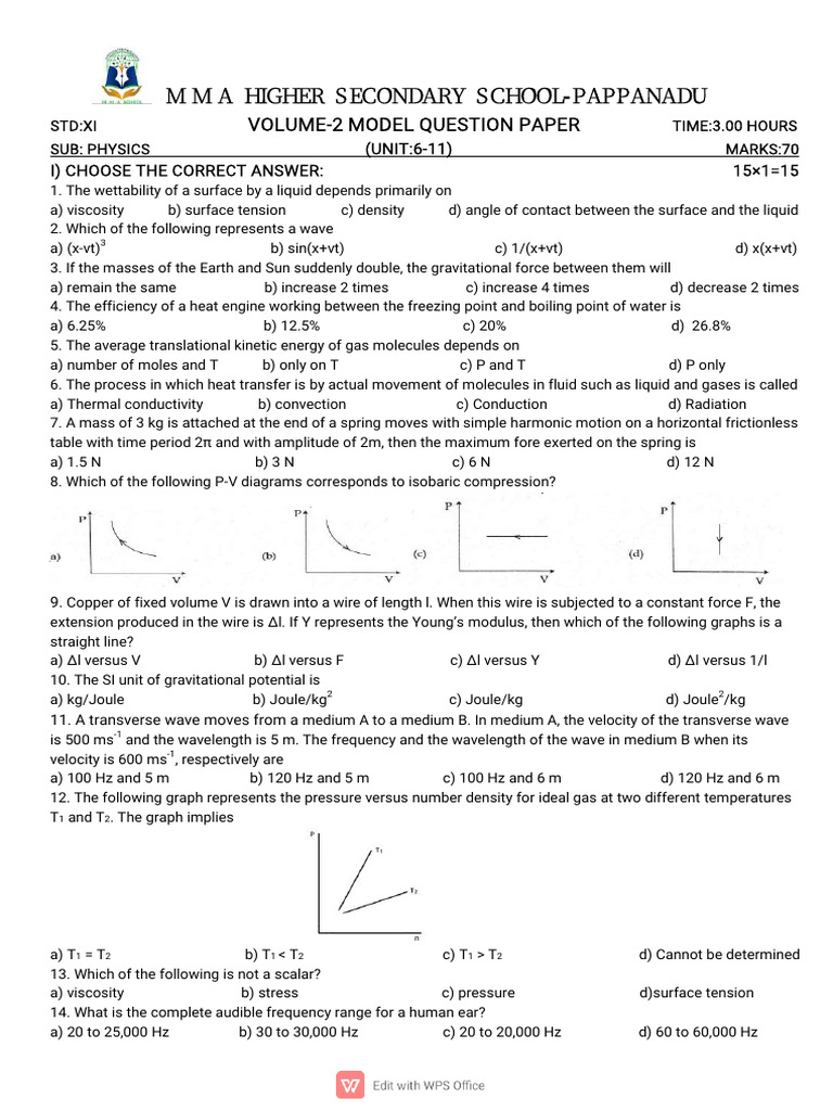 Namma Kalvi 11th Physics Volume 2 Model Question Paper EM 221433 | PDF