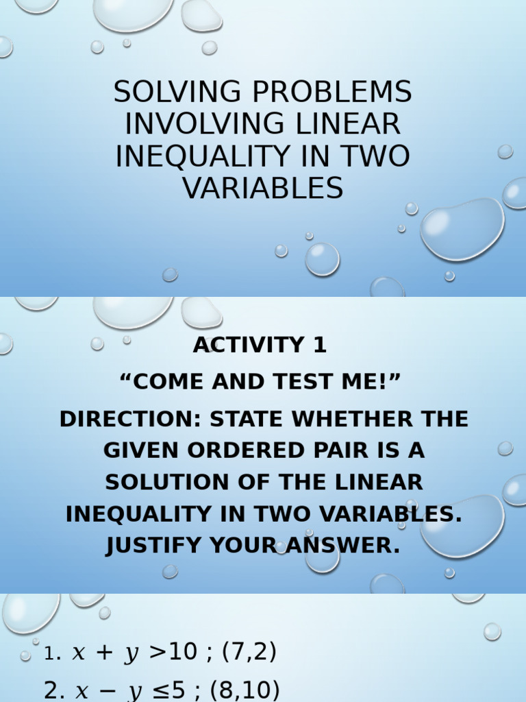 Solving Problems Involving Linear Inequality in Two Variables | PDF