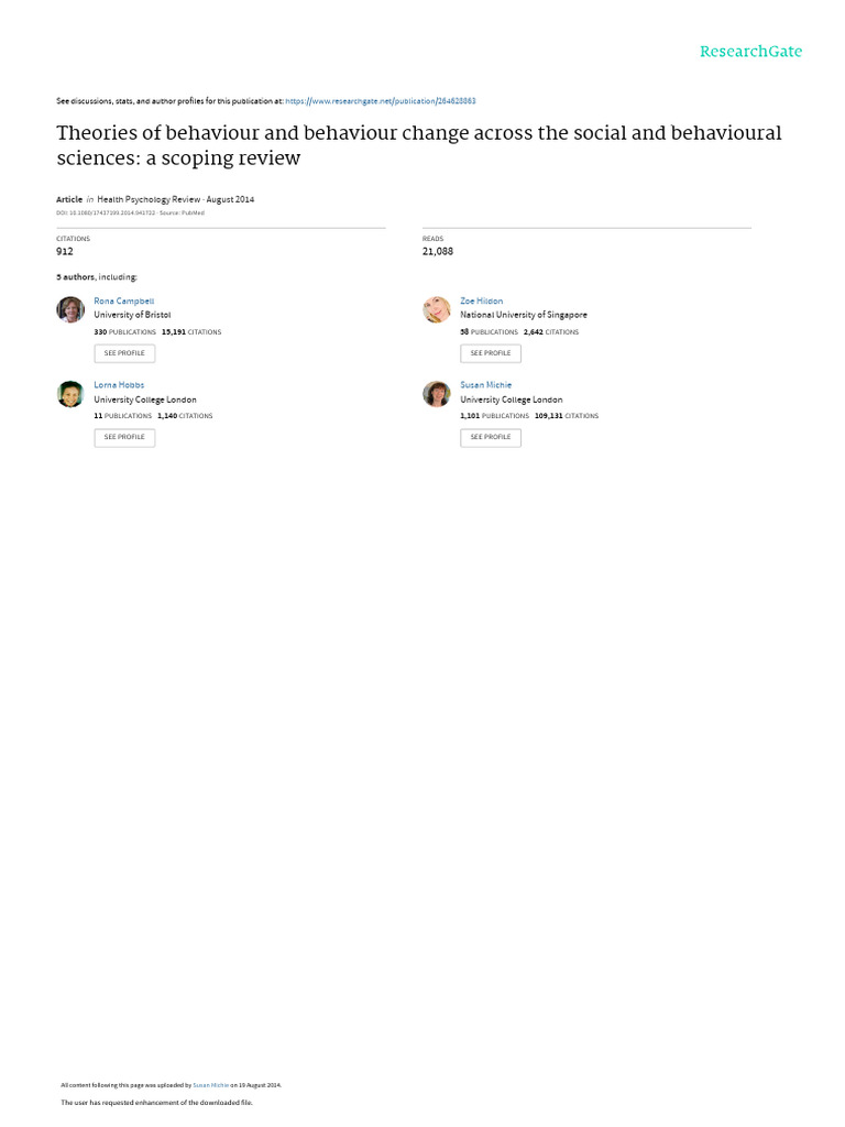 Theories of Behaviour and Behaviour Change Across The Social and Behavioural Sciences A Scoping ...