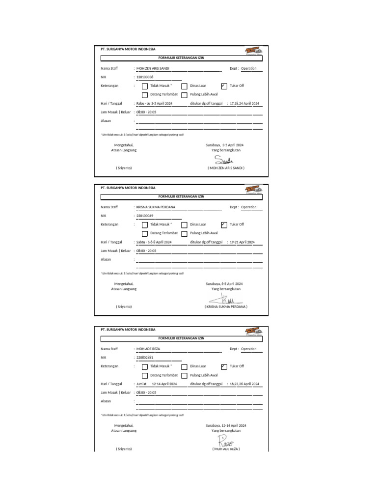 Form Keterangan Izin Tukar Off (Urip Sumoharjo Bb1) | PDF