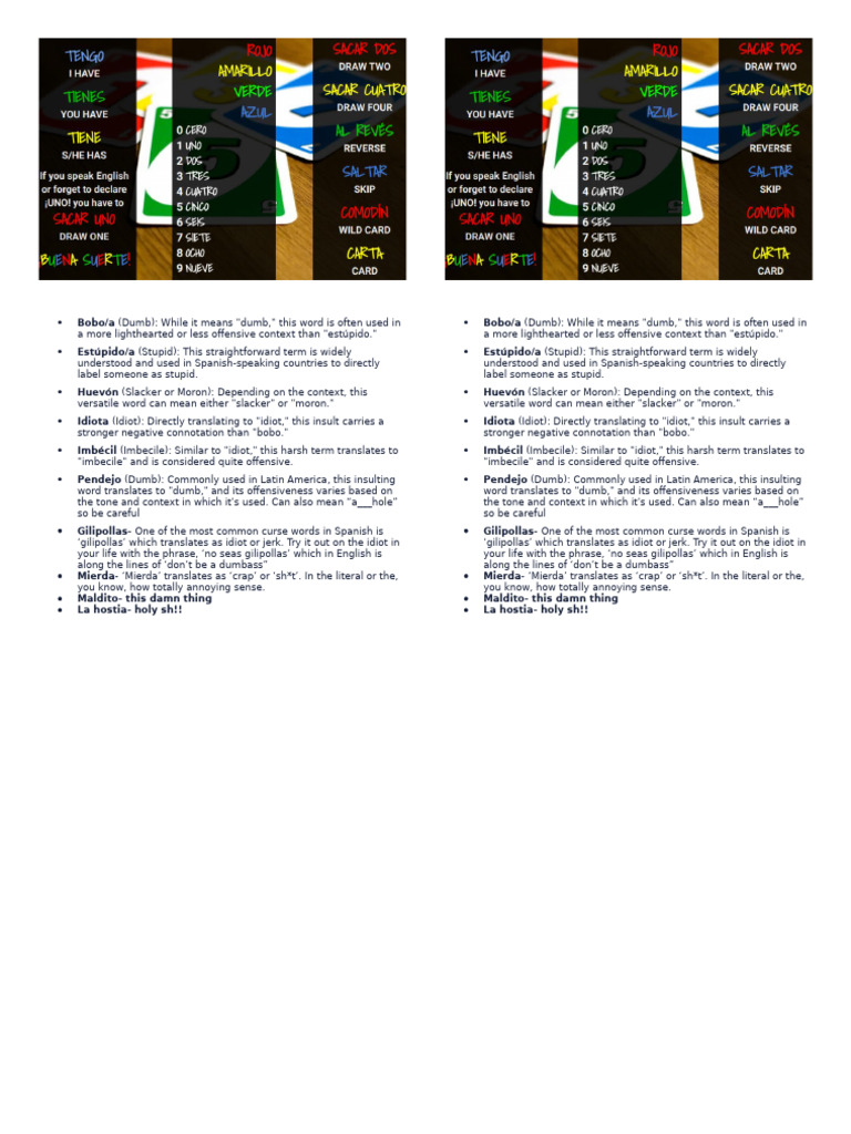 Spanish Uno Words Mild Curse Words | PDF