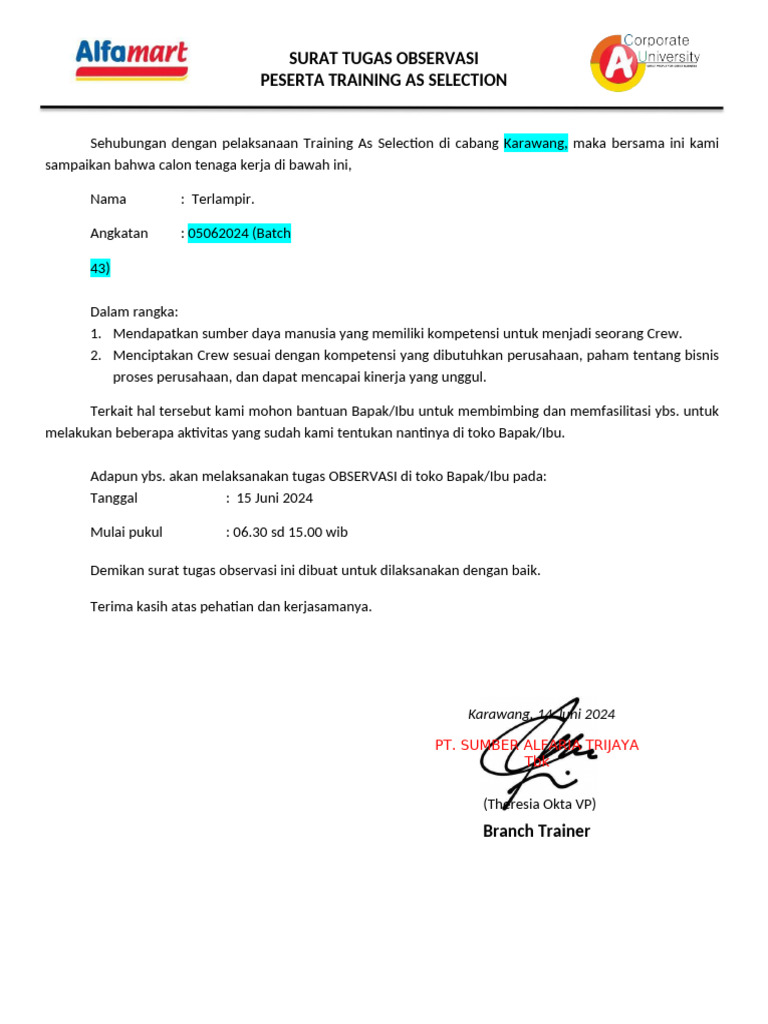 Surat Tugas Observasi Peserta TAS Batch 43 | PDF