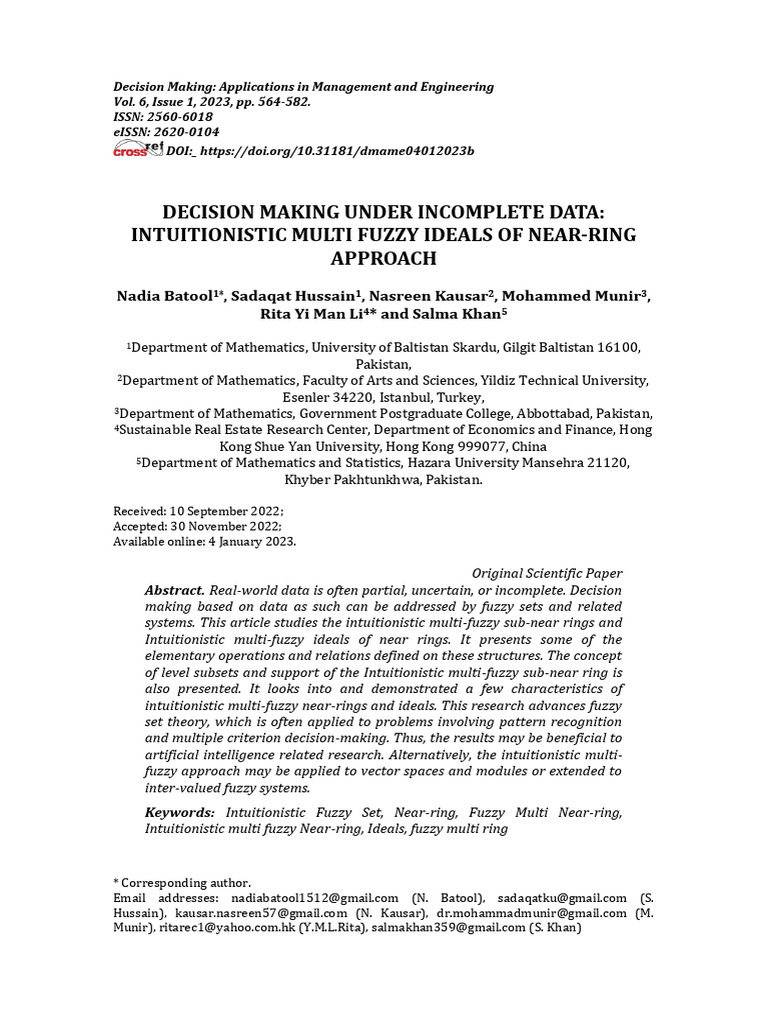 Decision Making Under Incomplete Data: Intuitionistic Multi Fuzzy Ideals of Near-Ring Approach ...