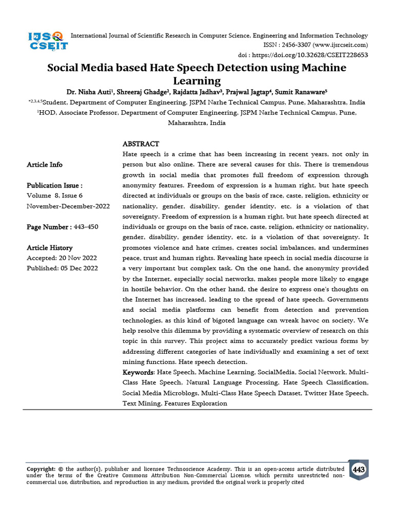 Social Media Based Hate Speech Detection Using Machine Learning | PDF