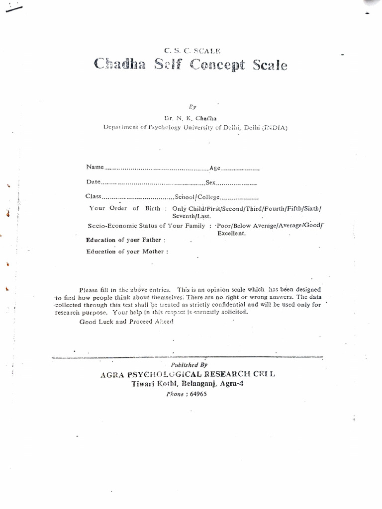 Chadha Self Concept Scale | PDF