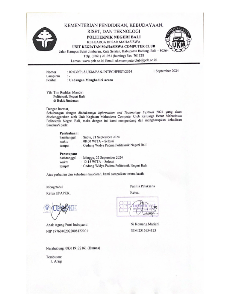 Surat Undangan Menghadiri Acara Tim Redaksi Mandiri | PDF