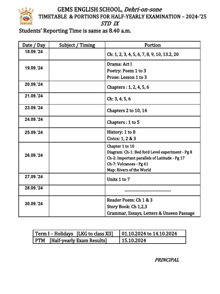 Class 9 Timetable & Portions Half-Yearly Exam 2024 | PDF