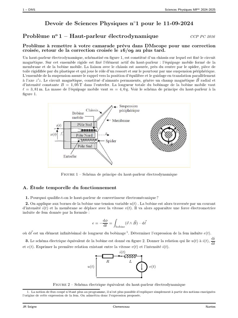 Devoir de Sciences Physiques N 1 Pour Le 11-09-2024 Probl' Eme N 1 ...