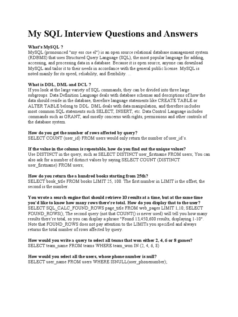 My SQL Interview Questions and Answers | PDF | Sql | Databases