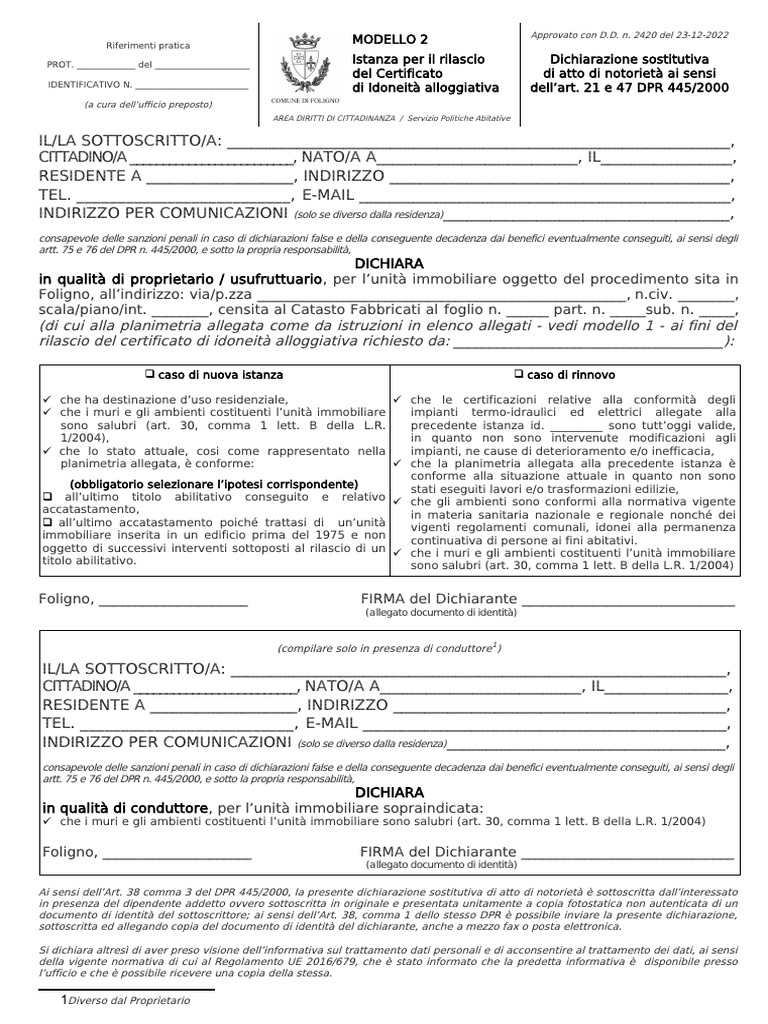 MODELLO 2 Dichiarazione Sostitutiva Di Atto Di Notorieta Per Il ...