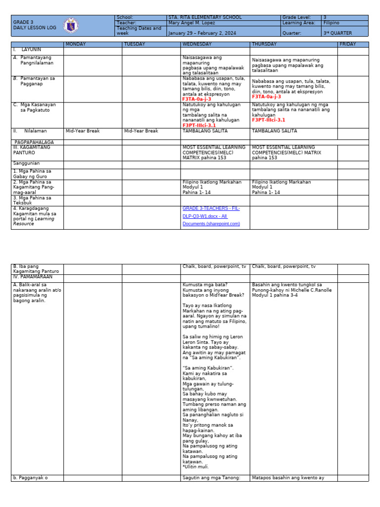 DLL Filipino q3 Week1 | PDF