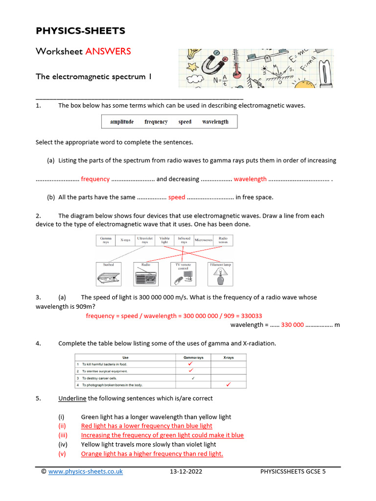 Electromagnetic Spectrum Worksheet Answers | PDF