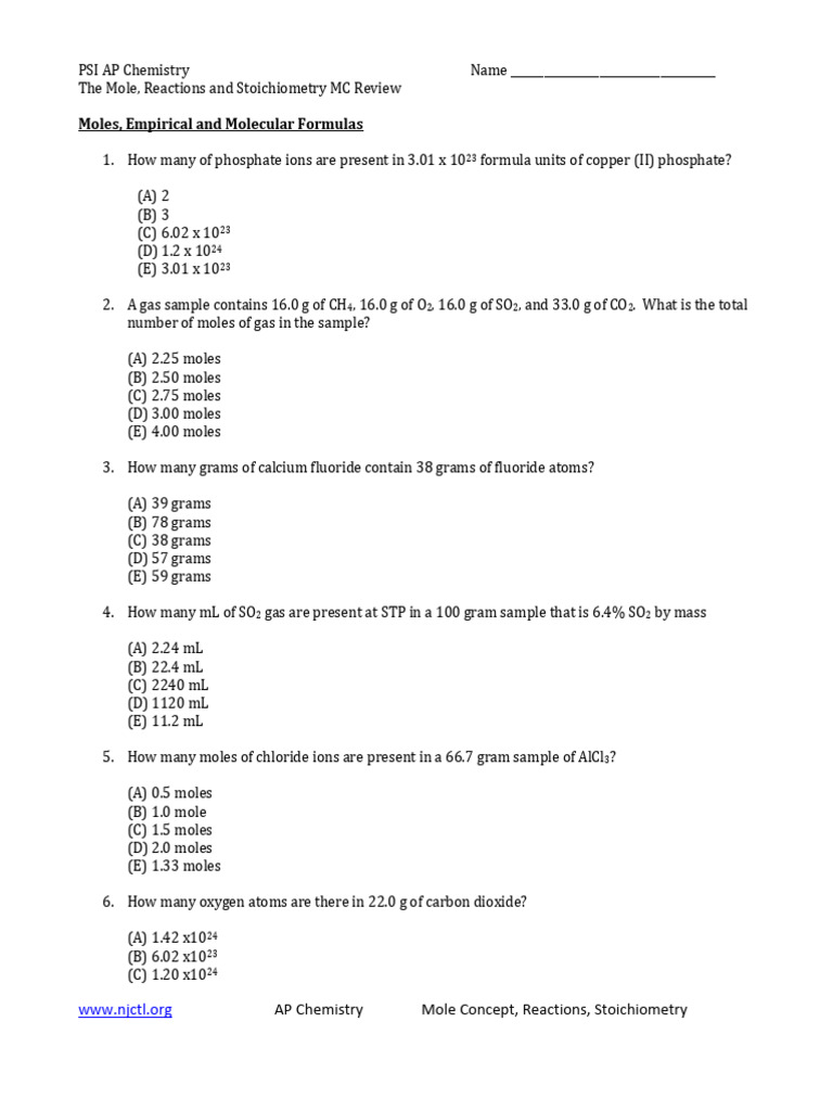The Mole Reactions and Stoichiometry Multiple Choice 2014-01-07 | PDF