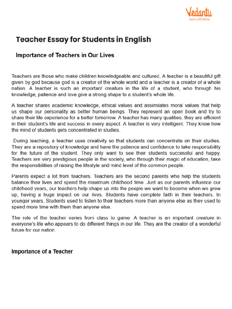 Teacher Essay For Students in English | PDF