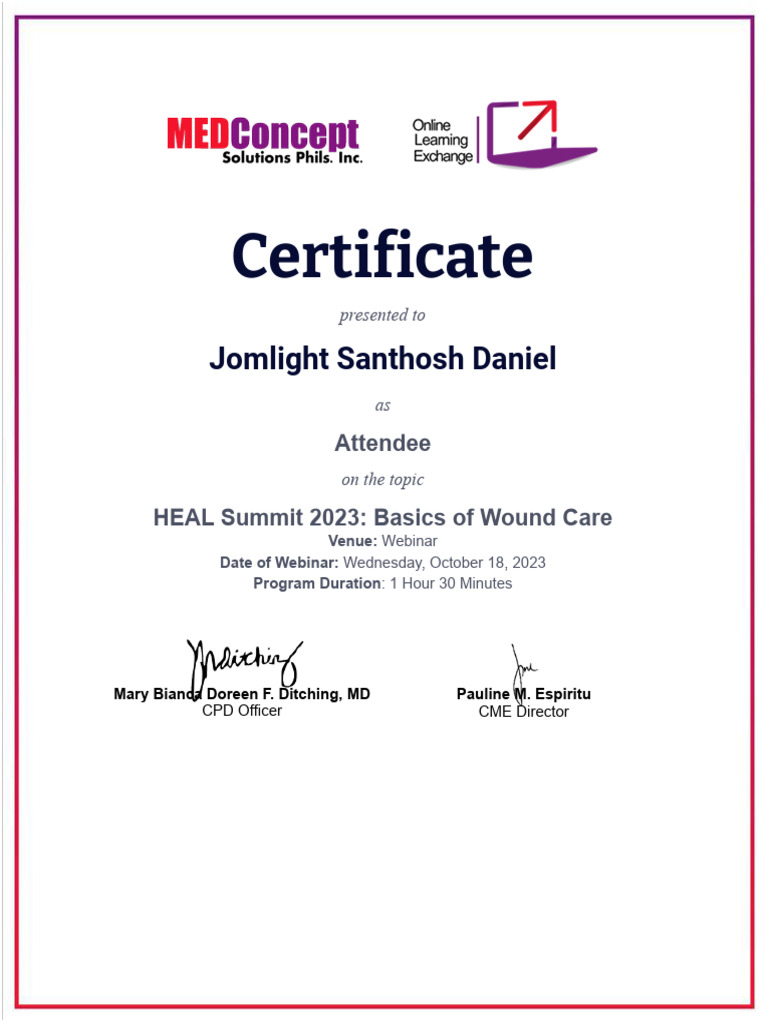 Certificate HEAL Summit 2023 Basics of Wound Care Jomlight Santhosh ...