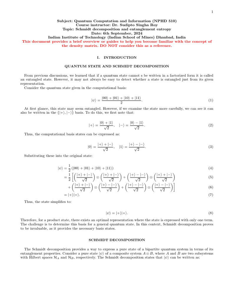 Schmidt Decomposition Entropy | PDF