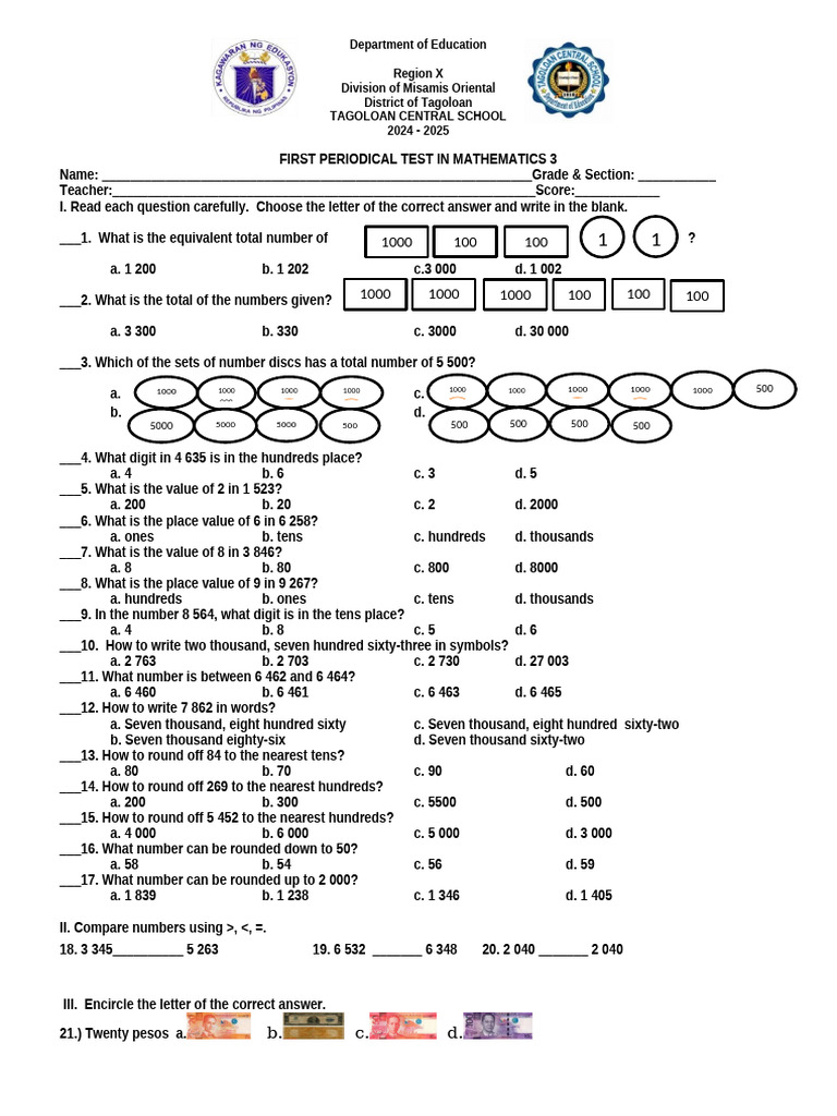 Grade 3 Math Periodical Test 2025 | PDF | Mathematics