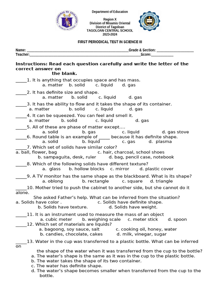 Science 3 1ST Quarter Test 1 | PDF