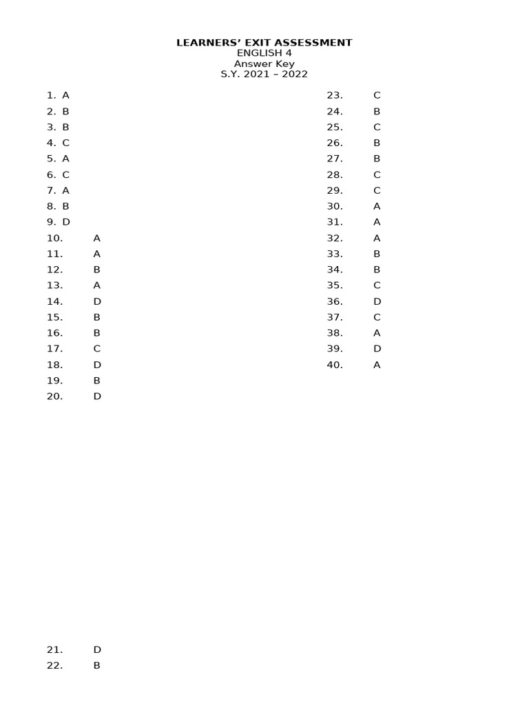 Grade 4 Answer-Key in Division Exit Level Assessment in English | PDF