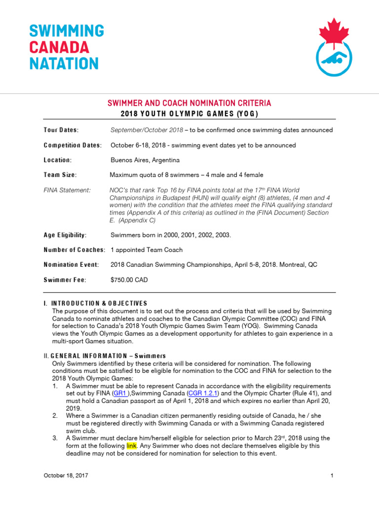 2018 Youth Olympic Games Nomination Criteria and Appx | PDF