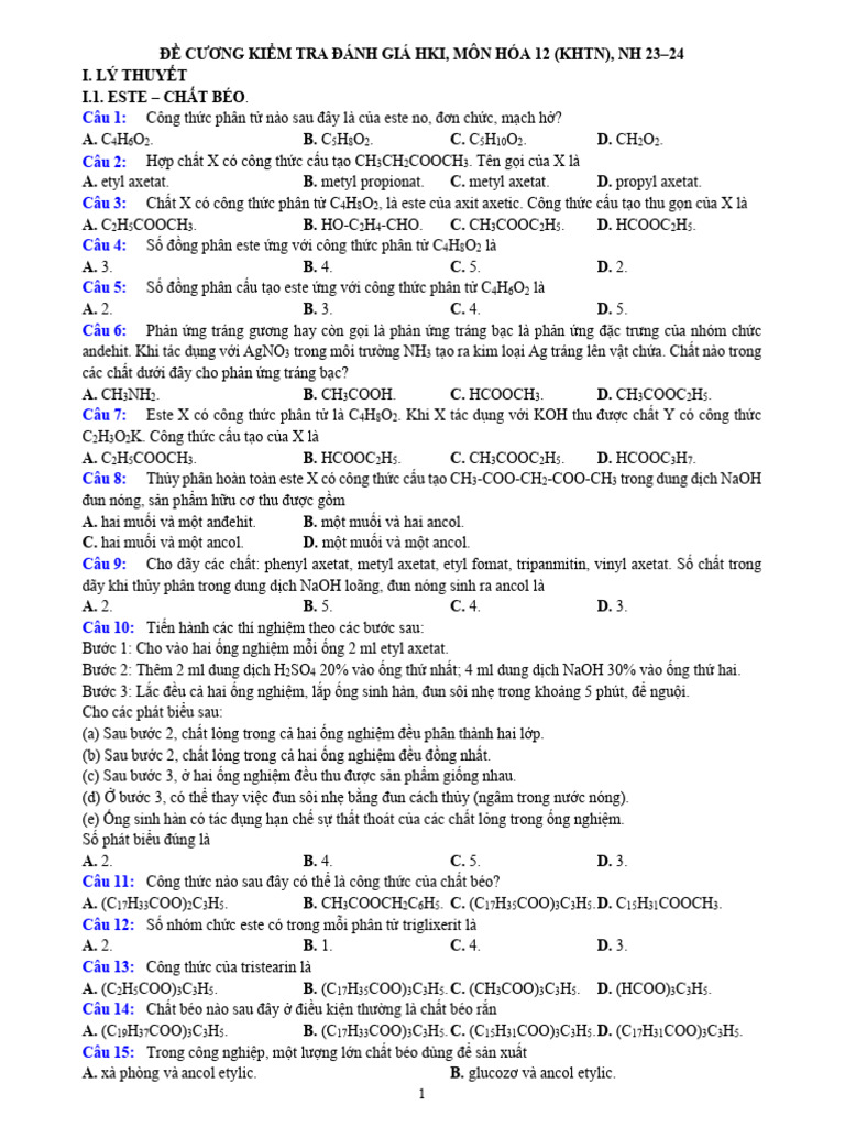 Đề Cương HK1 - Hóa 12 - 2324-HS | PDF