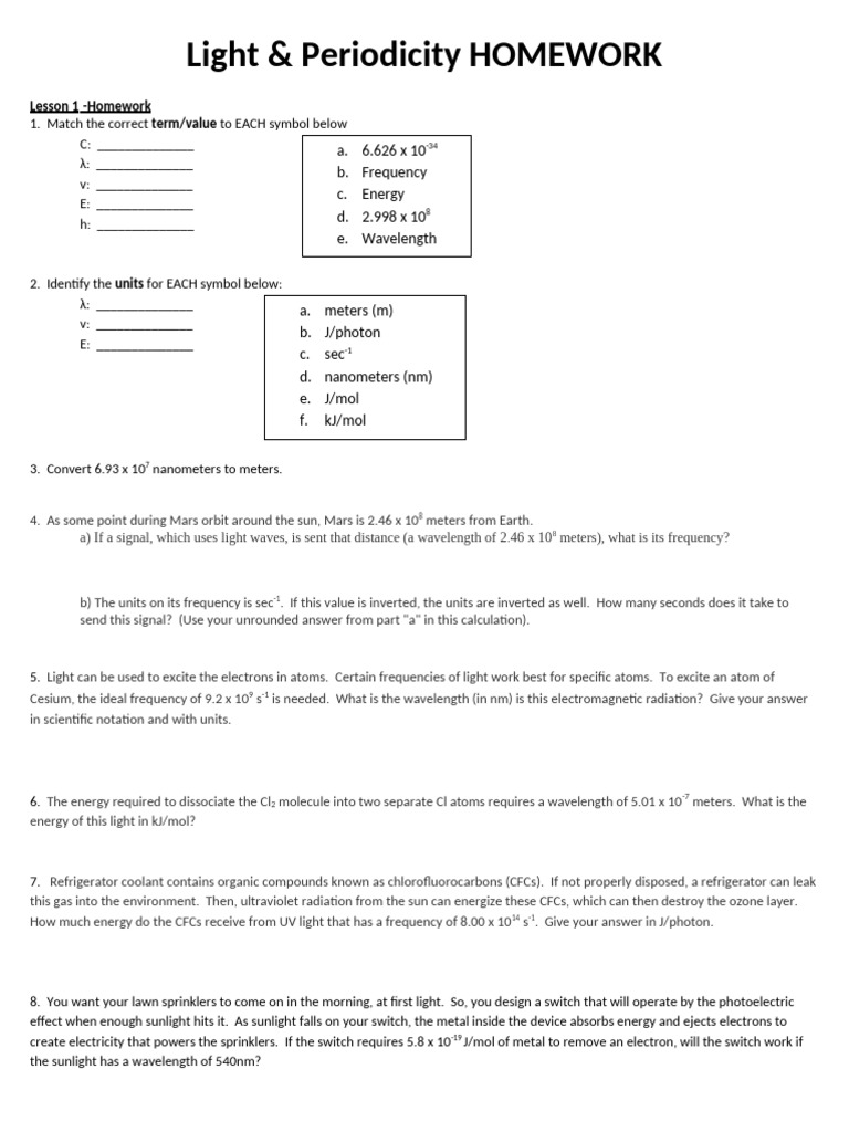 Light & Periodicity Homework Handout | PDF